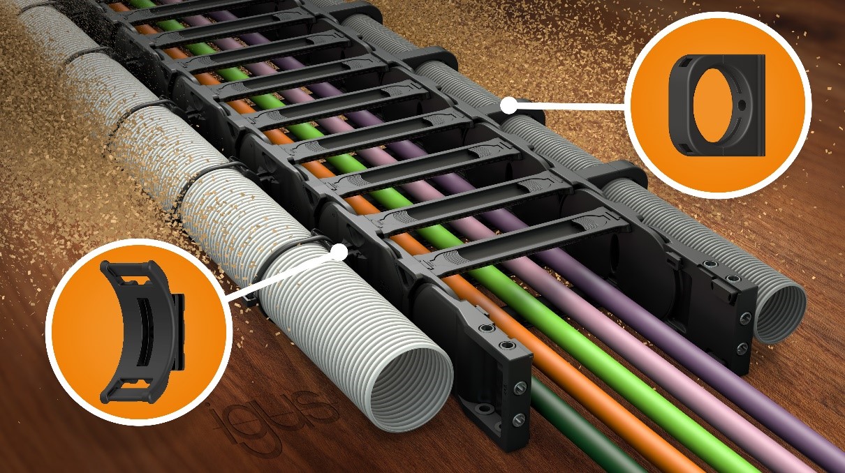 Safely guide for PMA hose and tubes parallel to cable carrier | igus